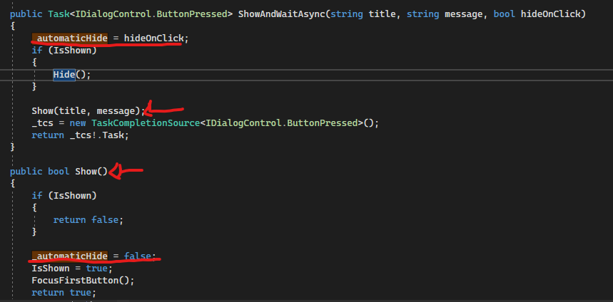 Dialog.ShowAndWaitAsync hideOnClick parameter gets overridden · Issue #370 · lepoco/wpfui · GitHub