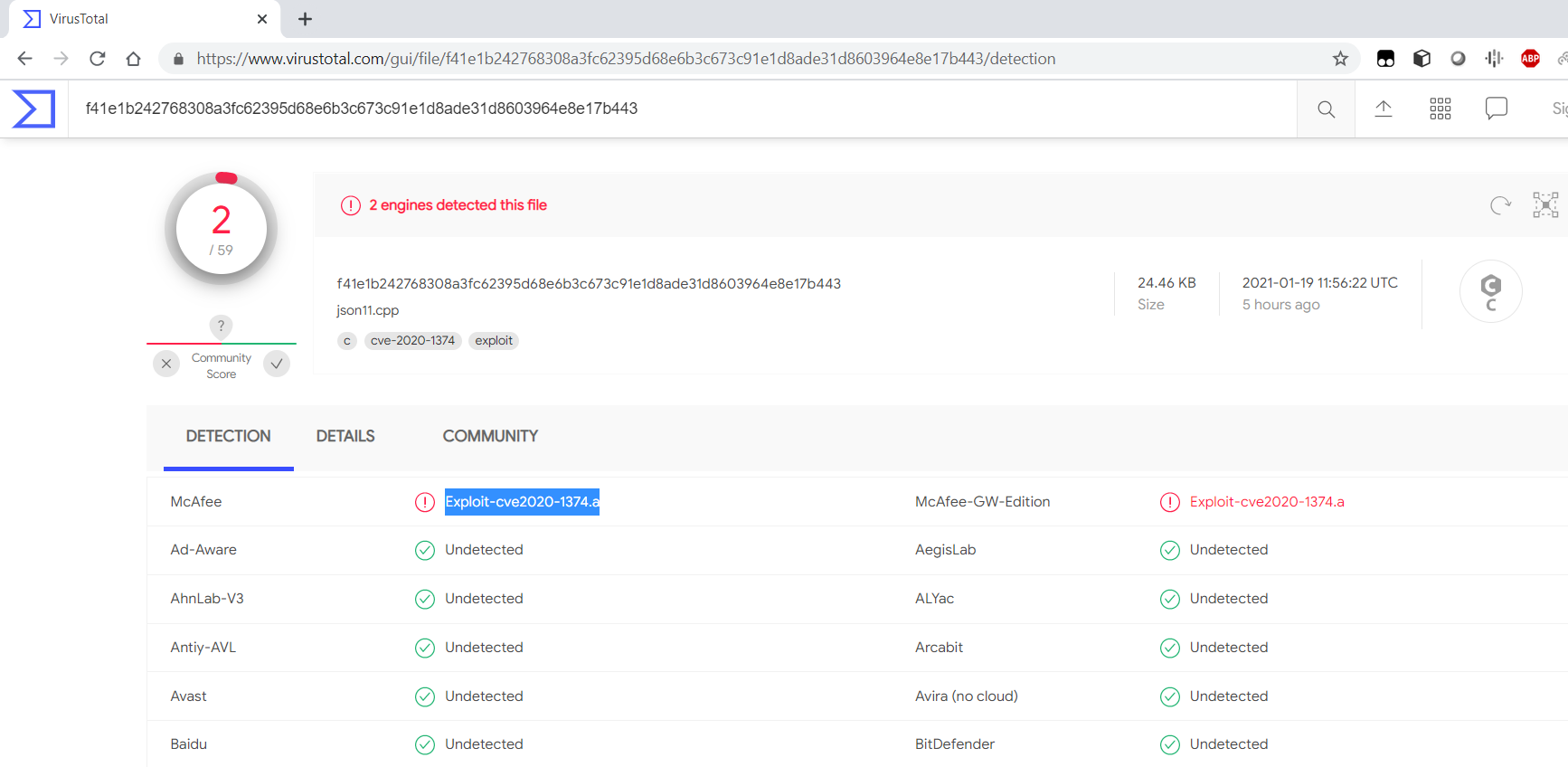 json11[.]cpp was detected by McAfee EPO as threat “Exploit-cve2020-1374.a” · Issue #4101 ...