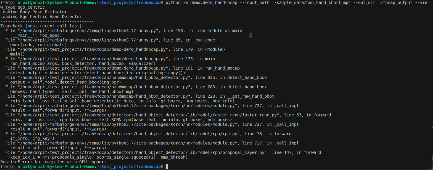RuntimeError: Not compiled with GPU support · Issue #235 · facebookresearch/frankmocap · GitHub