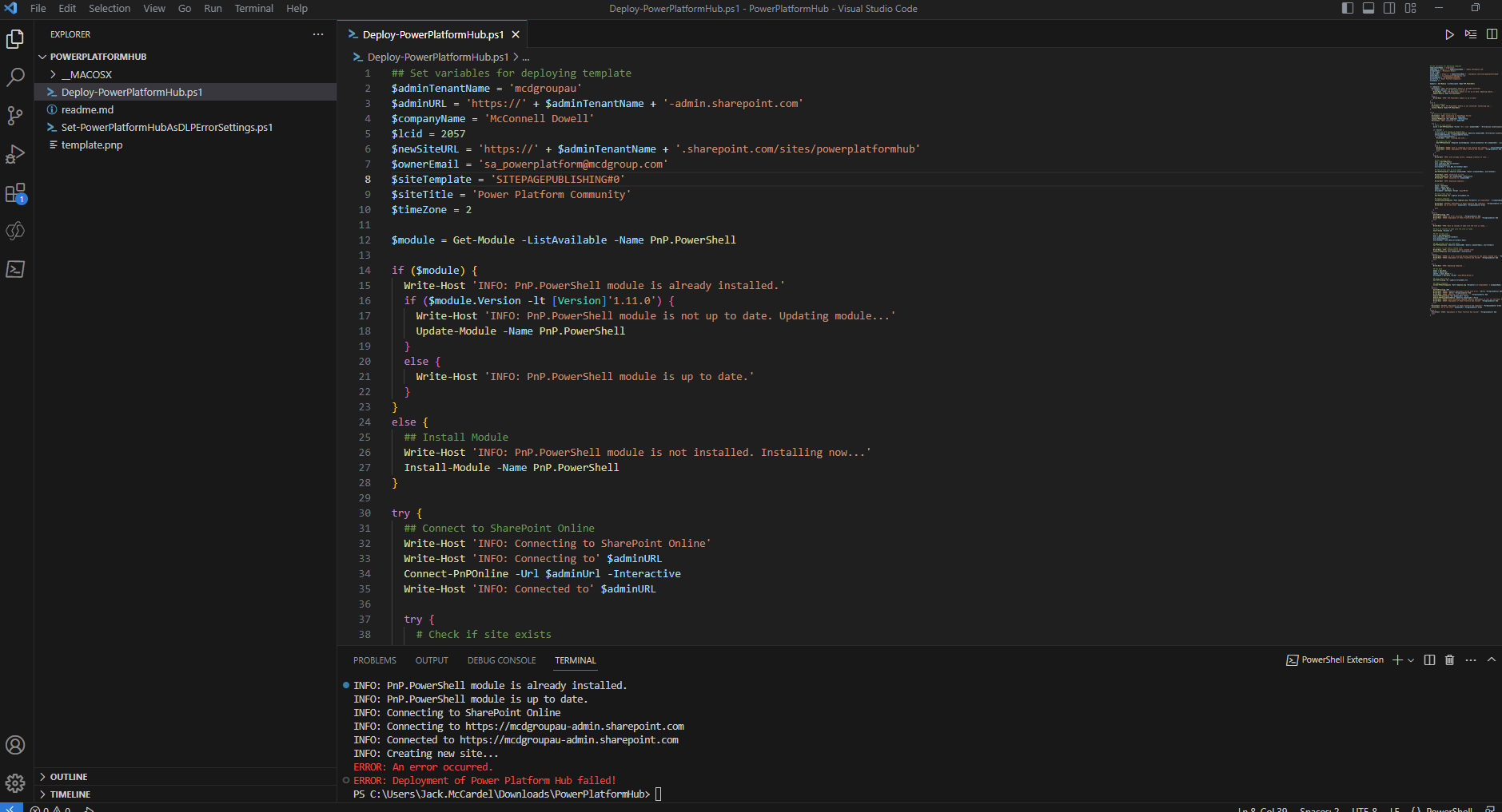 Power Platform Communication Site Template Error When Trying To Run The Deploy 