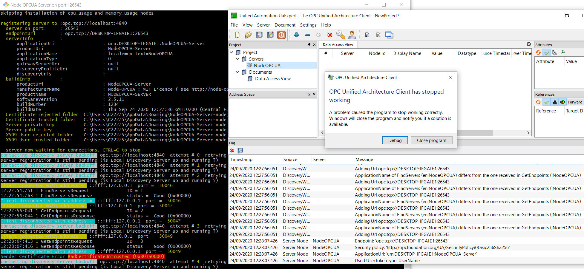 UAExpert crashes after being rejected by the server with ...
