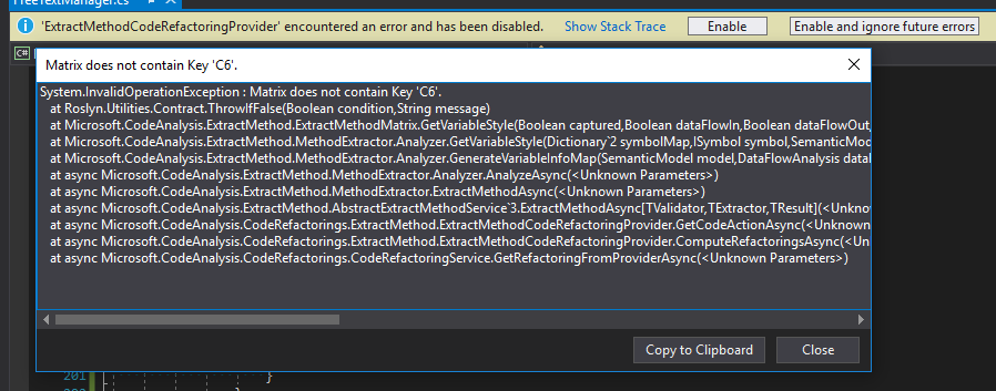 Exception in ExtractMethodCodeRefactoringProvider: Matrix does not contain Key 'C6' · Issue ...