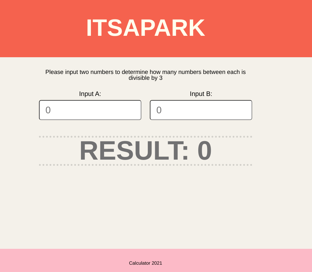 GitHub - whatever555/itsa-numbers: Find how many numbers are divisible by 3 between two inputs