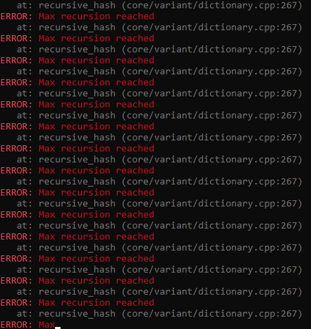 Creating two mutually recursive dictionaries freezes Godot and spams ...