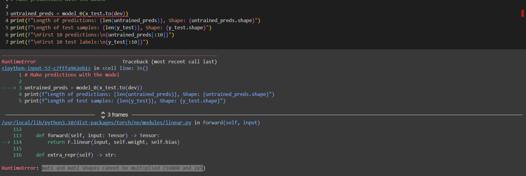 getting the error "mat1 and mat2 shapes cannot be multiplied (1x800 and 2x5)" in chapter 2 ...