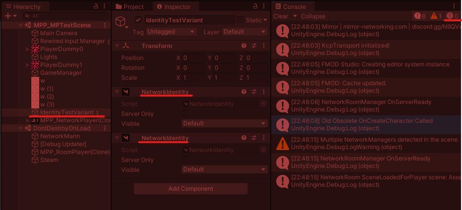 Missing Error message when multiple NetworkIdentities are on the same GameObject (due to prefab ...