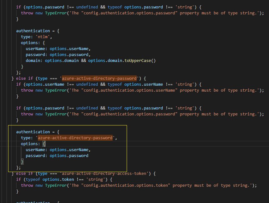 Not passing `domain` value for identifying the tenantId · Issue #1171 · tediousjs/tedious · GitHub