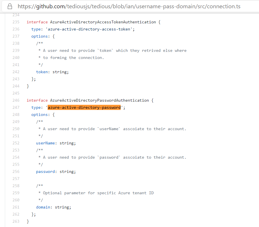 Not passing `domain` value for identifying the tenantId · Issue #1171 · tediousjs/tedious · GitHub