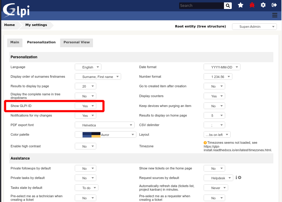 Non-relevant information (ID) is displayed in the item list (Object GLPI > Assets Printers ...