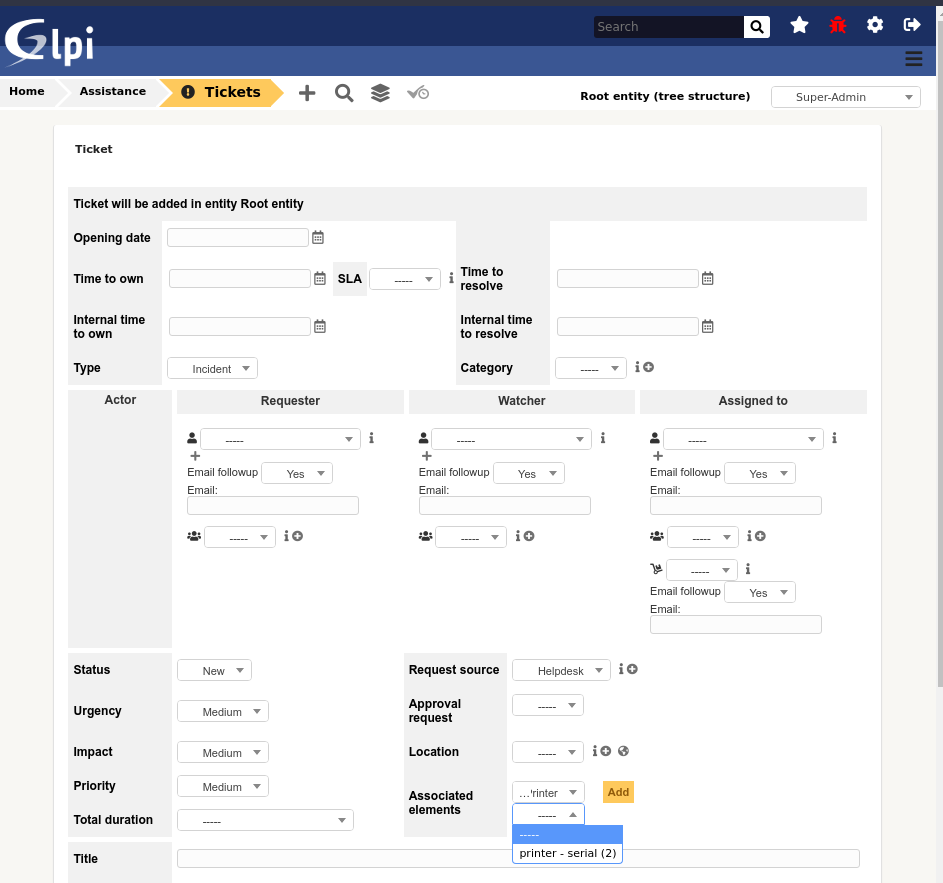 Non-relevant information (ID) is displayed in the item list (Object GLPI > Assets Printers ...