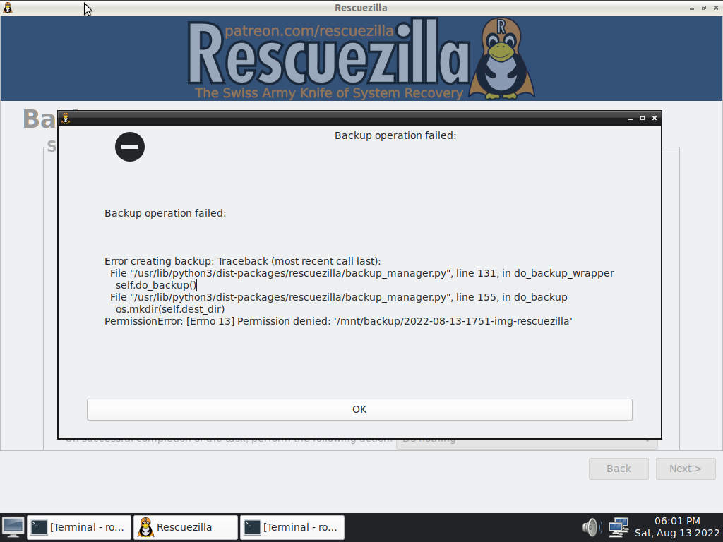 Clicking "OK" on read-only destination displays leaves the user stuck on in-progress page ...
