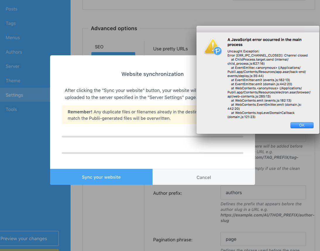Requesting sync then cancel, I got this message systematically · Issue #412 · GetPublii/Publii ...