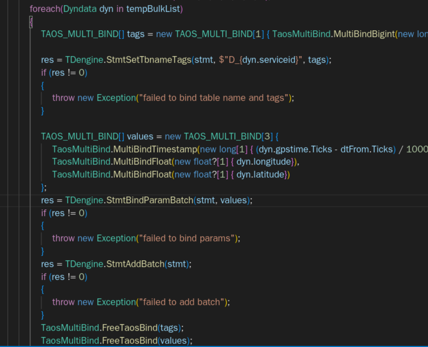 批量绑定插入的时候，C#代码和JAVA的不一样的方式，导致大数量插入无法方便使用。 · Issue #49 · taosdata/taos-connector-dotnet · GitHub