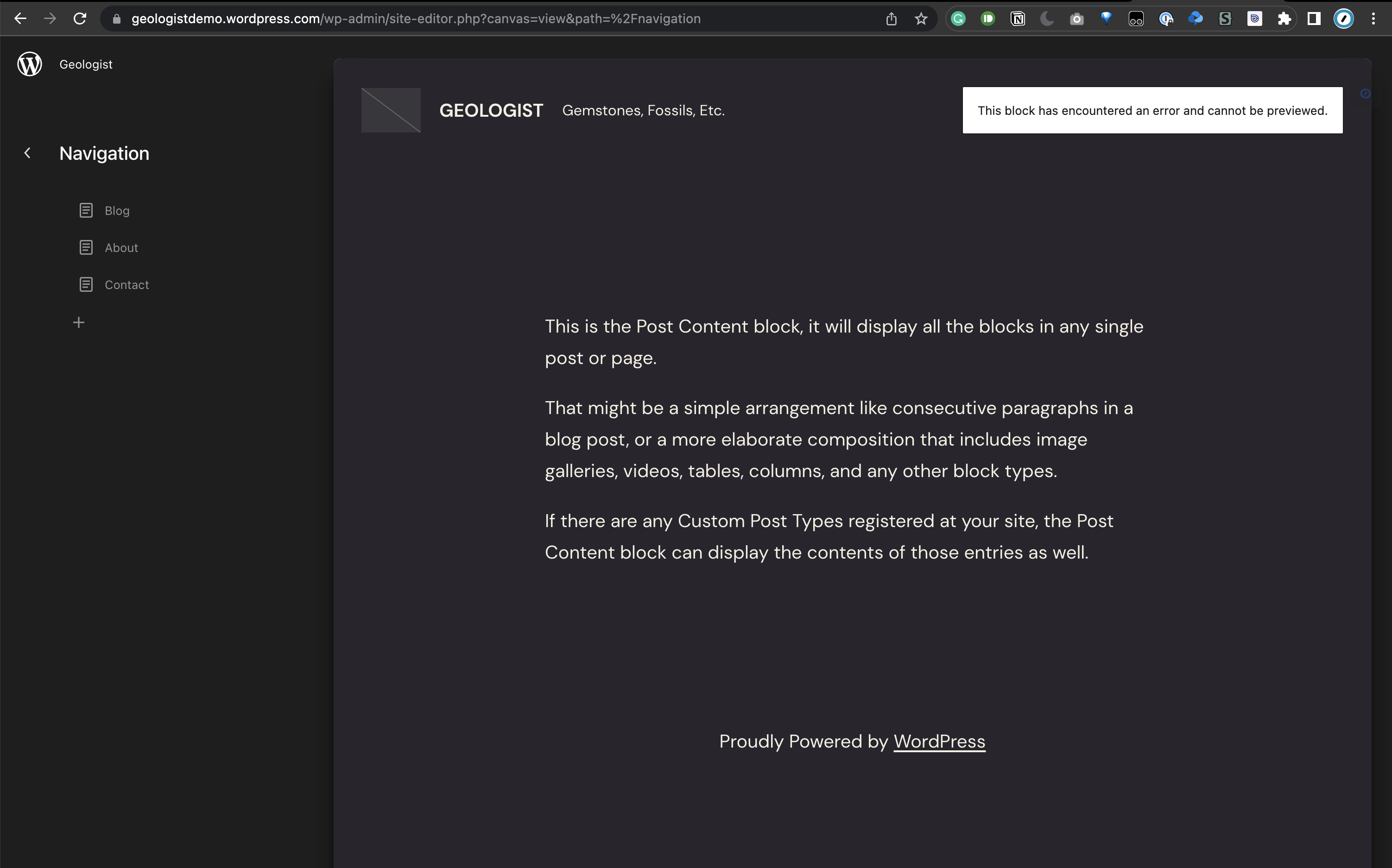 FSE Themes: Navigation Block displays an error in the Site Editor when navigating to different ...