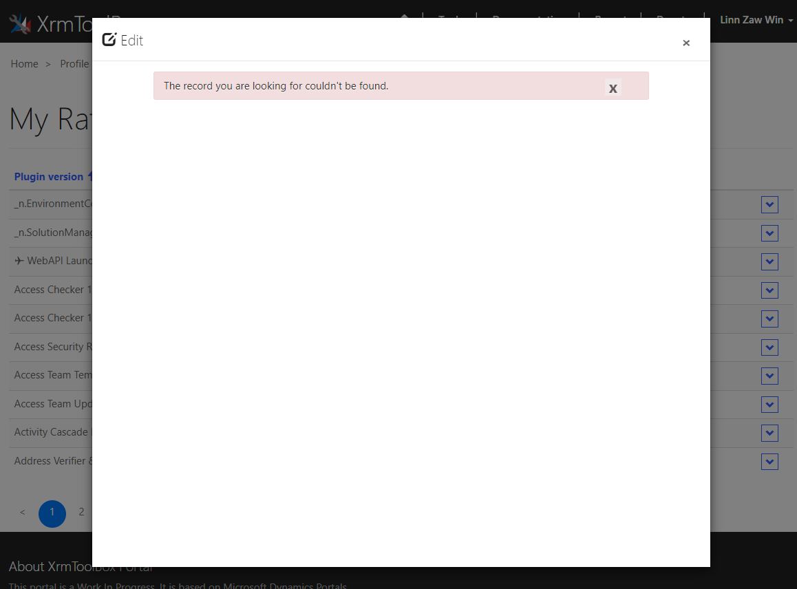[BUG] [Portal] Unable to Edit My Ratings · Issue #1250 · MscrmTools/XrmToolBox · GitHub