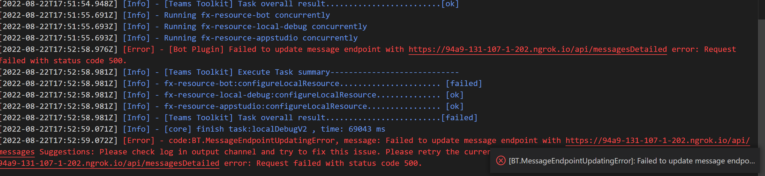 Ngrok issue: Failed to update message endpoint with https://7df3-103-99-202-239.ngrok.io/api ...