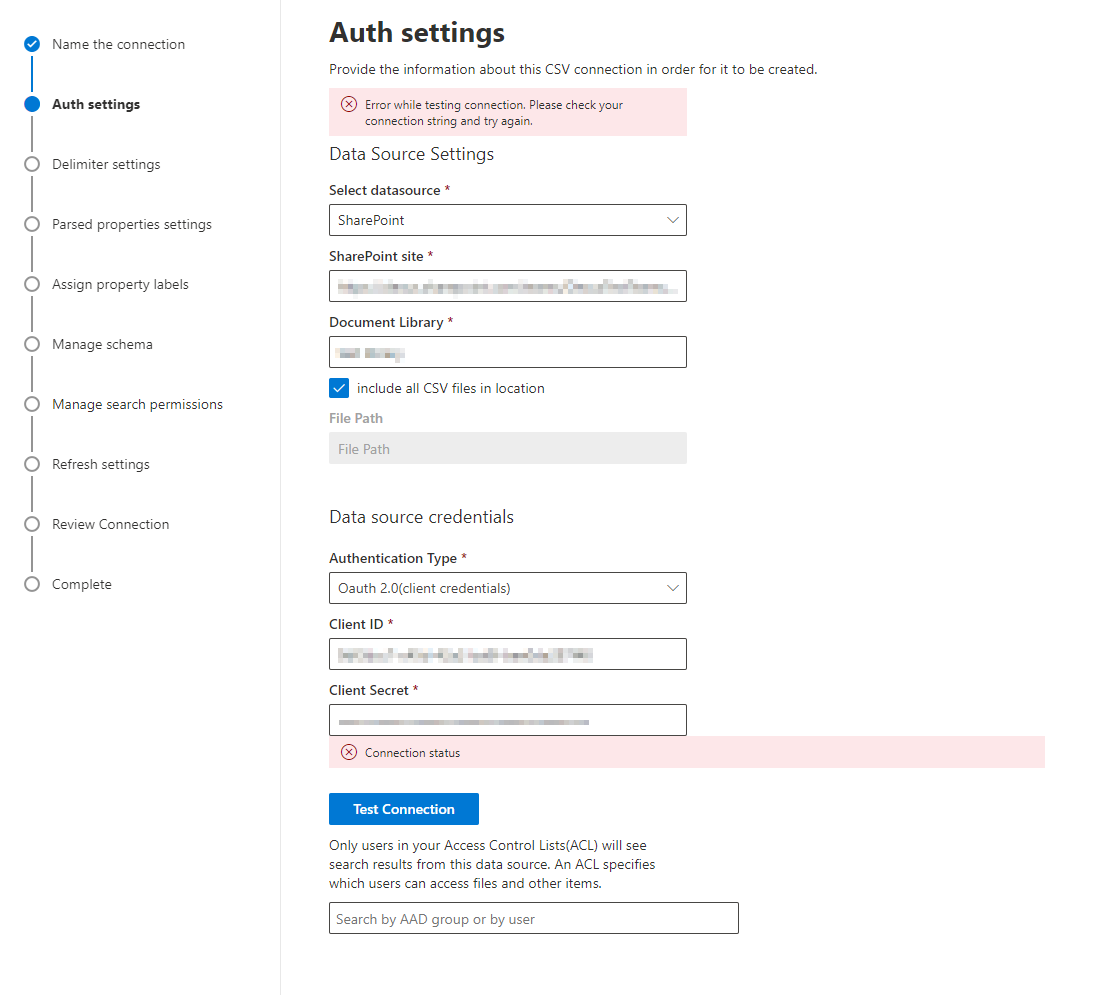 Microsoft Search CSV connector (SharePoint datasource): Error while ...