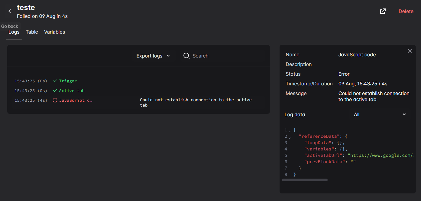 Could not establish connection to the active tab in Javascript block · Issue #1310 · AutomaApp ...