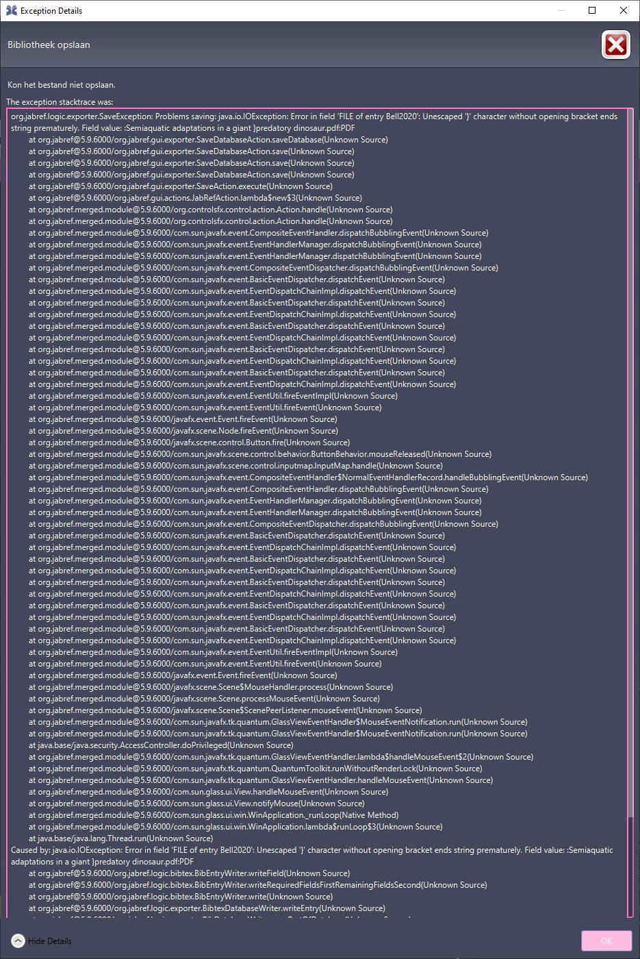 saving destroyed library: error when using a PDF file name with opening "{" or closing "}" ONLY ...