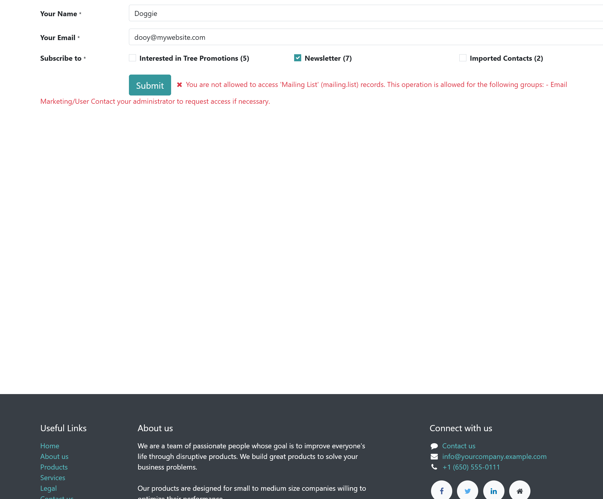 [16.0] Website form builder subscribe to newsletter throws group access error · Issue #111170 ...