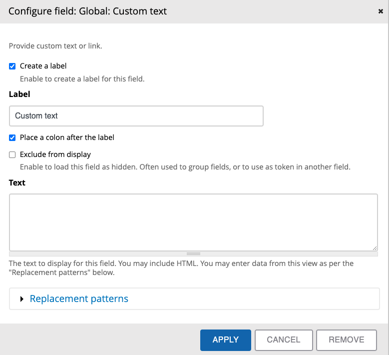 Views UI: Fix "Replacement patterns" visibility for Global: Custom Text · Issue #1928 · backdrop ...