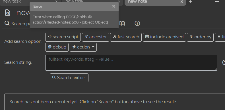 (Bug report) Cancelling the search action will report an error "Error when calling POST bulk ...