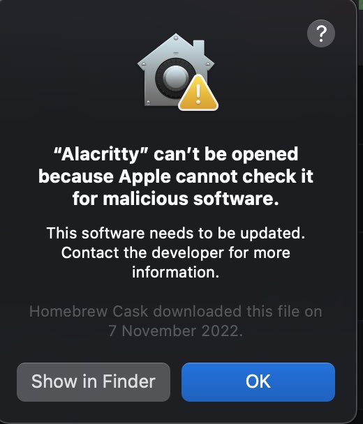 [macOS Ventura] application refuses to run completely · Issue #6777 · alacritty/alacritty · GitHub