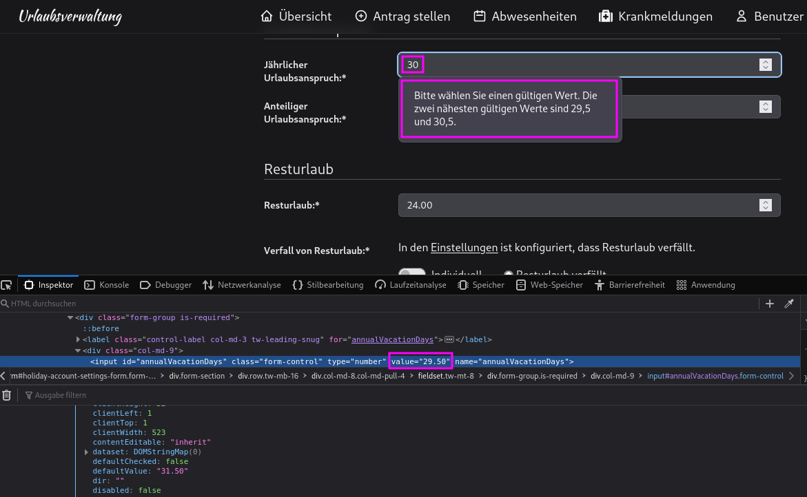 Jährlichen Urlaubsanspruch von 29,5 auf 30 Tage ändern schlägt fehl · Issue #3595 ...