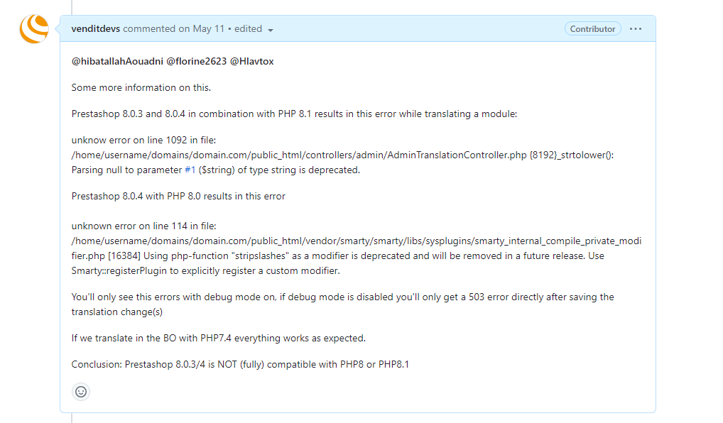 Error in the translation pages for extra modules with php 8.1 and prestashop 8.1.1 - strtolower ...