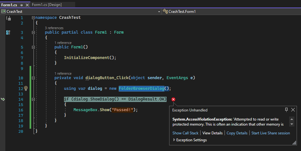 Folderbrowserdialog Throws Accessviolationexception And Crashes When
