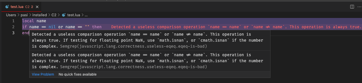 [Rule] Lua: wrong java.lang.correctness.eqeq.eqeq exception · Issue #1489 · semgrep/semgrep ...