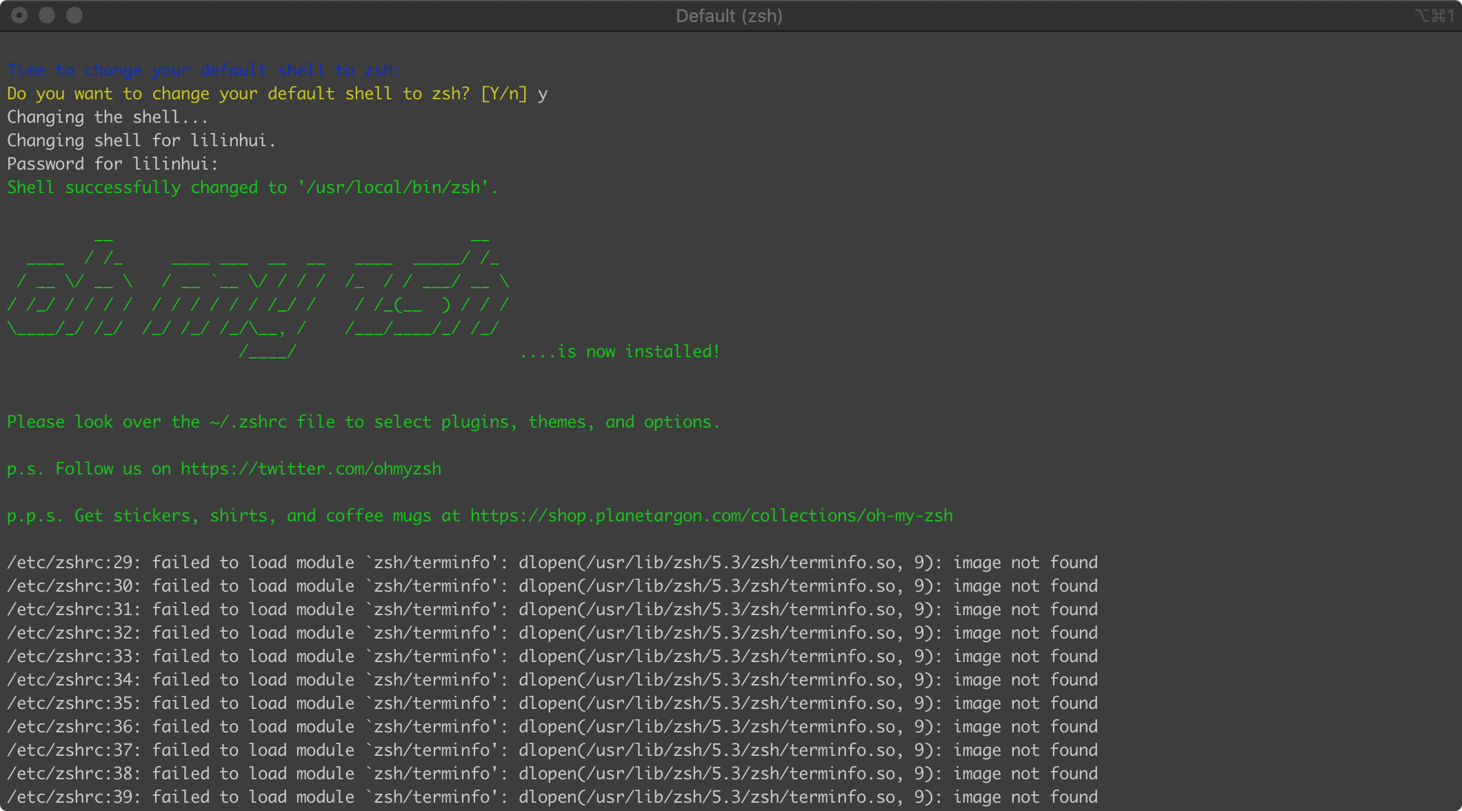 After updated to OSX macOS Catalina, the terminal reported some wrong like failed to load module ...