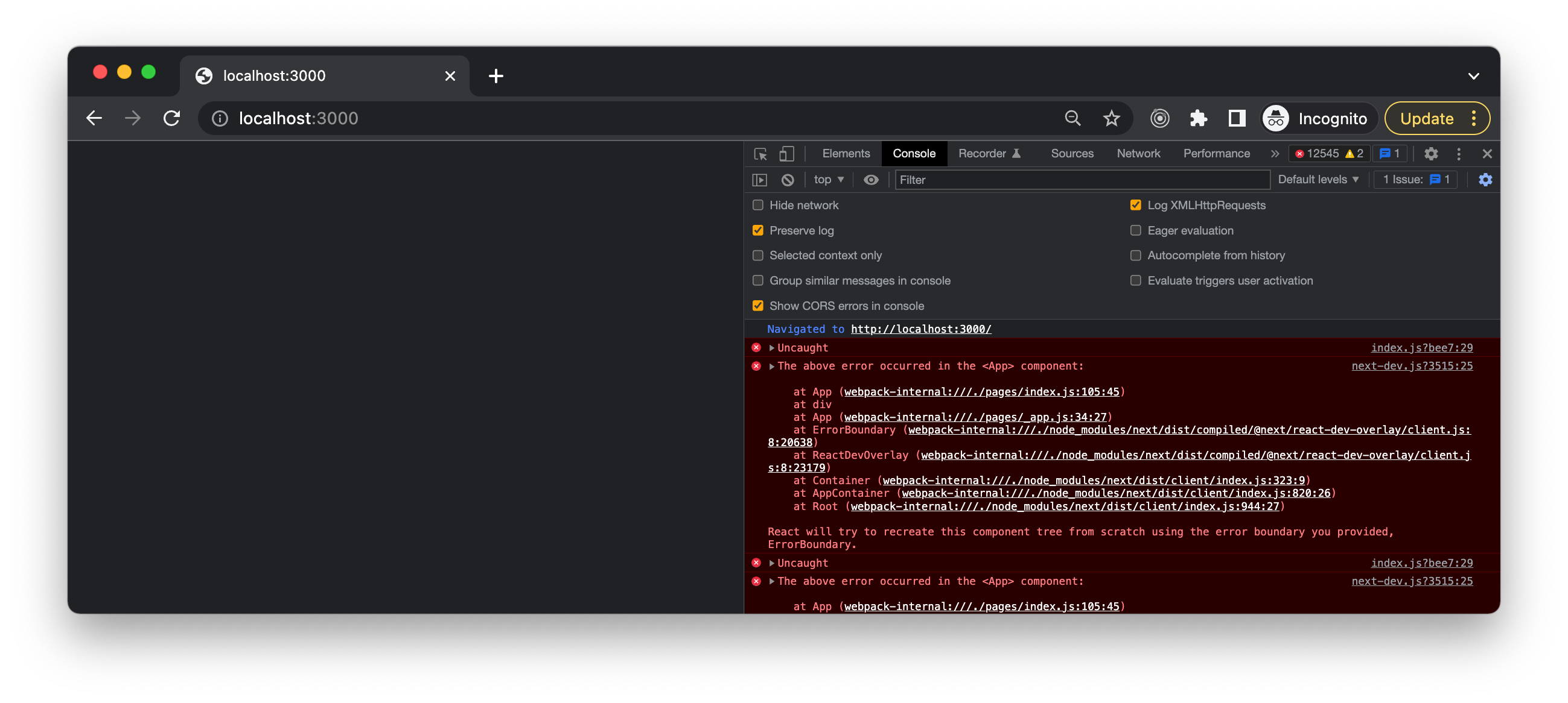 Infinite Renders History replaceState Calls On Error In Dev when 