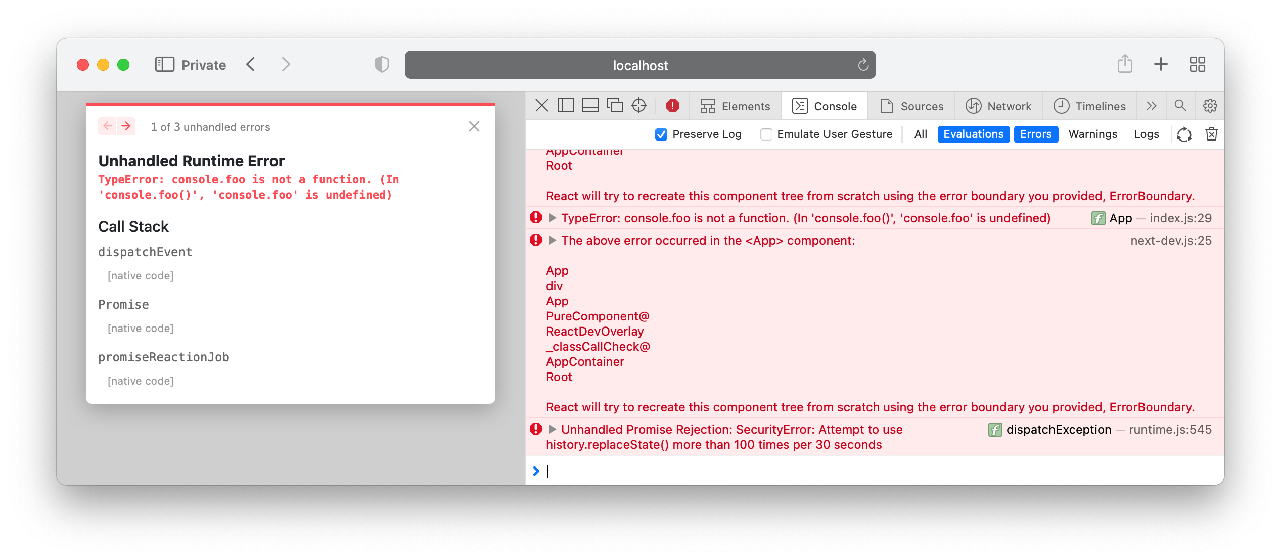 infinite renders / history.replaceState calls on error in dev (when running as non-standard spa ...