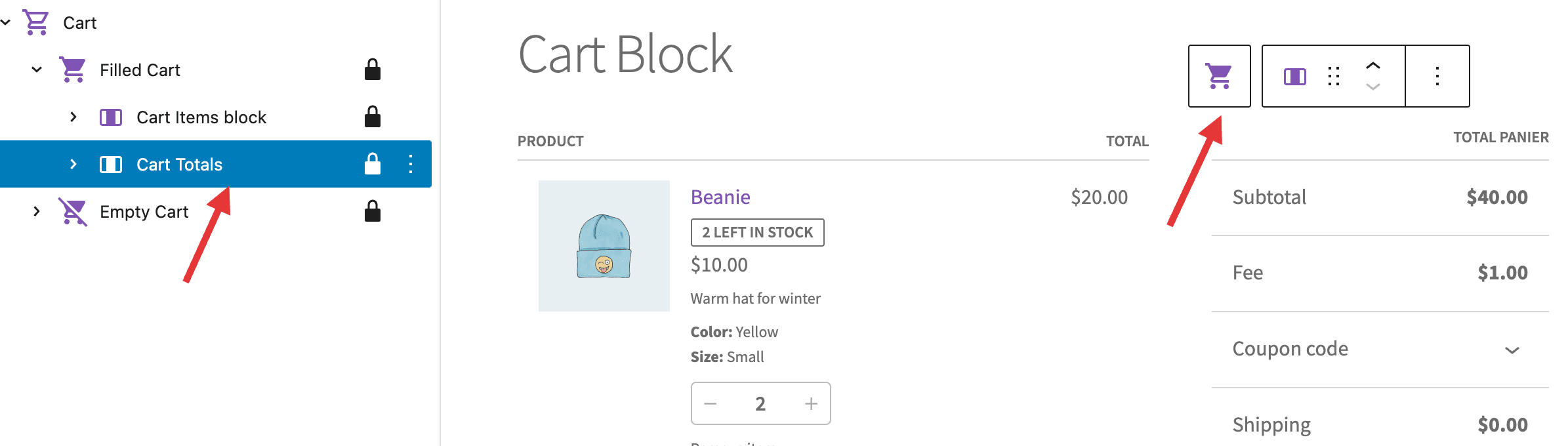 Cart Block: Order summary inner blocks controls appear on the left side ...