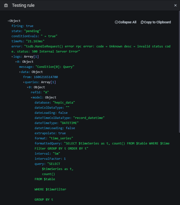 Grafana Alerts return: `rpc error: code = Unknown desc = invalid status ...