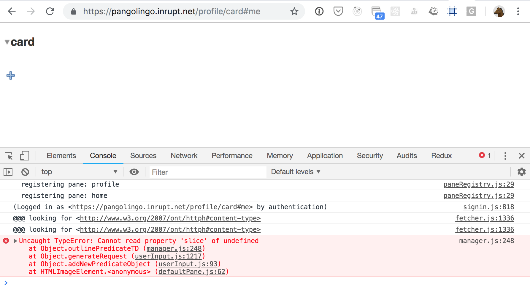 Javascript error makes profile "plus" icon nonfunctional · Issue #65 · SolidOS/solid-panes · GitHub