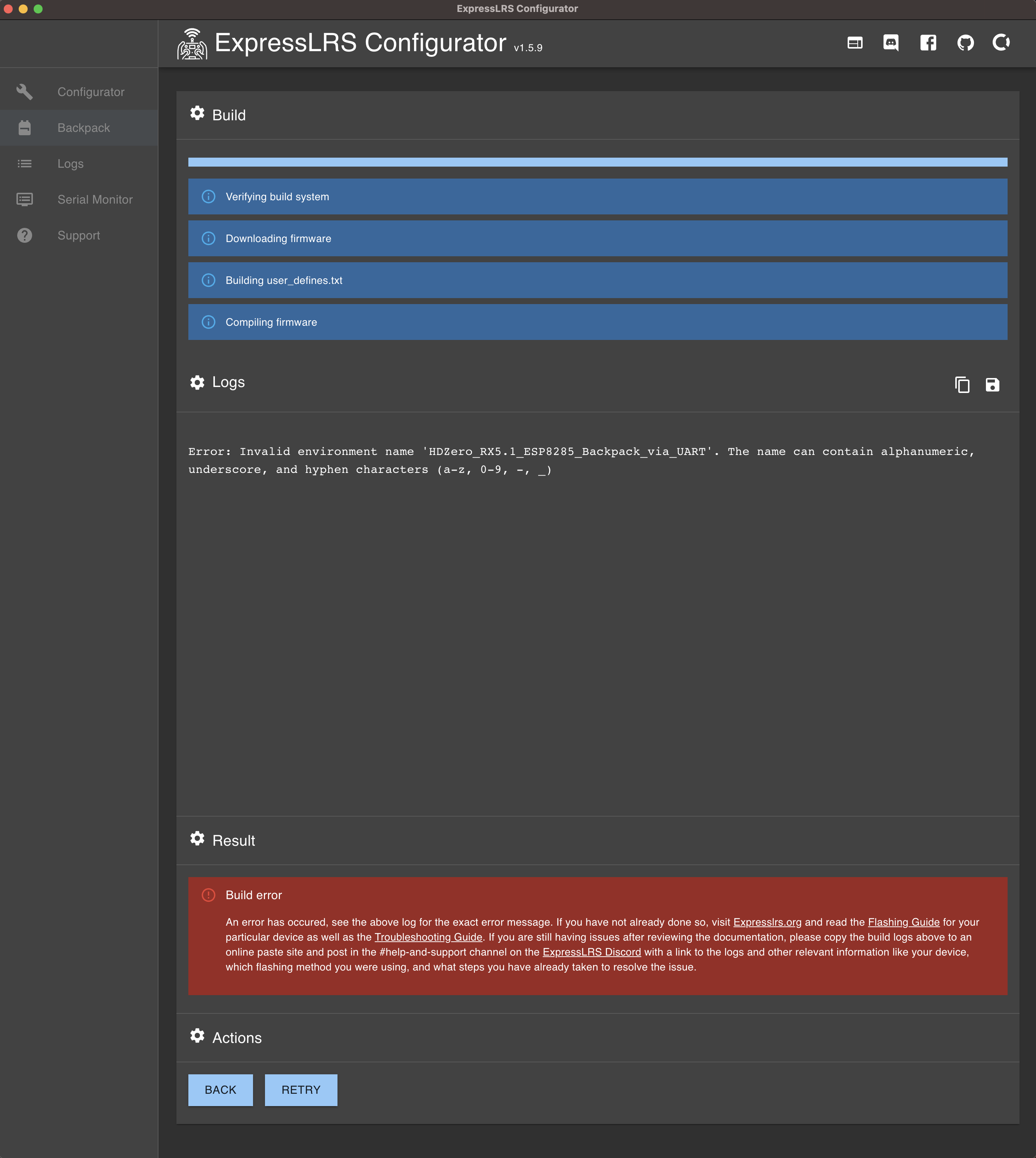 Building Backpack firmware fails due to invalid environment name · Issue #504 · ExpressLRS ...