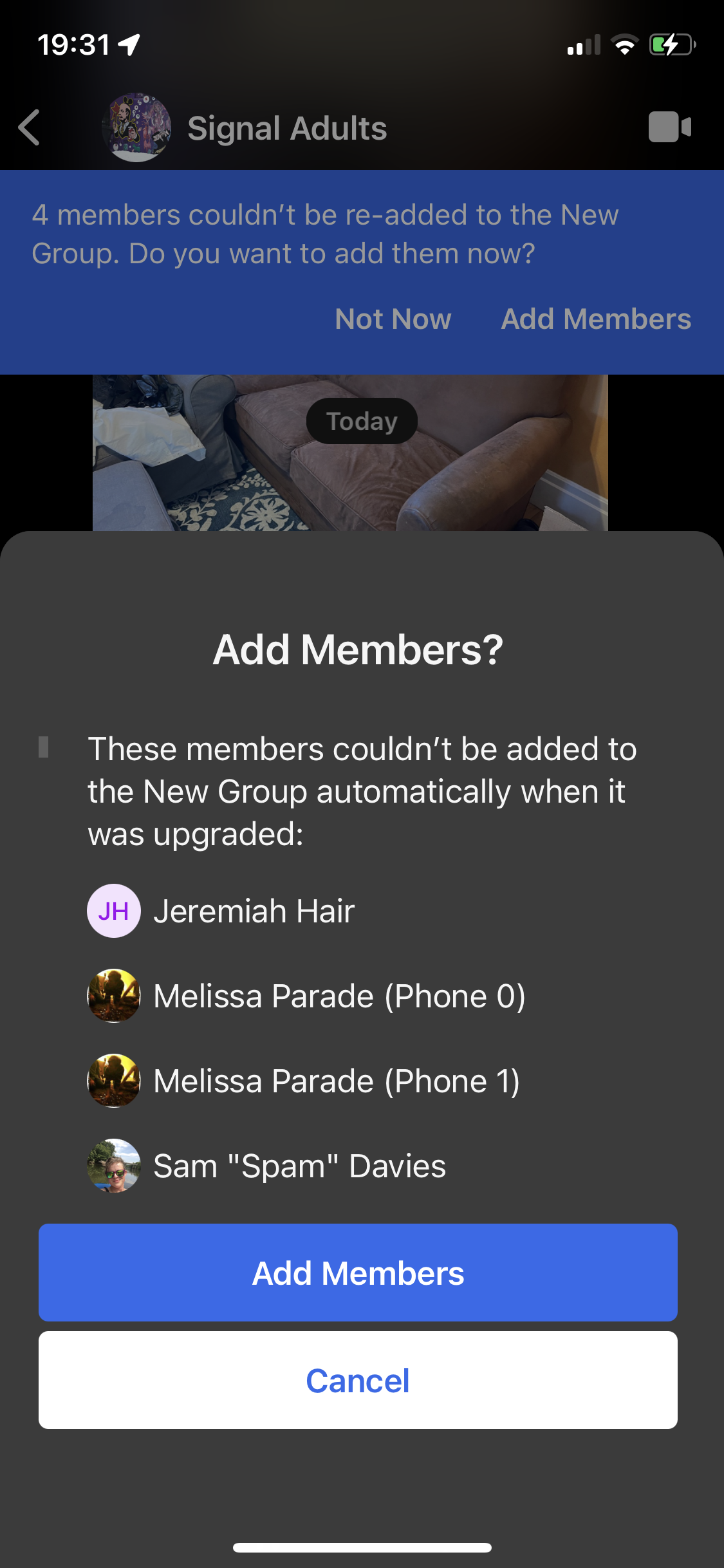 “Members couldn’t be added to the new group” message persists, does nothing when pressing “add ...