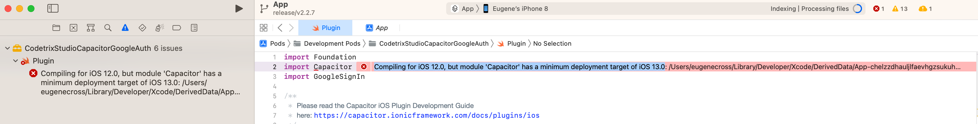 Minimum deployment target iOS 13 · Issue #262 · CodetrixStudio/CapacitorGoogleAuth · GitHub