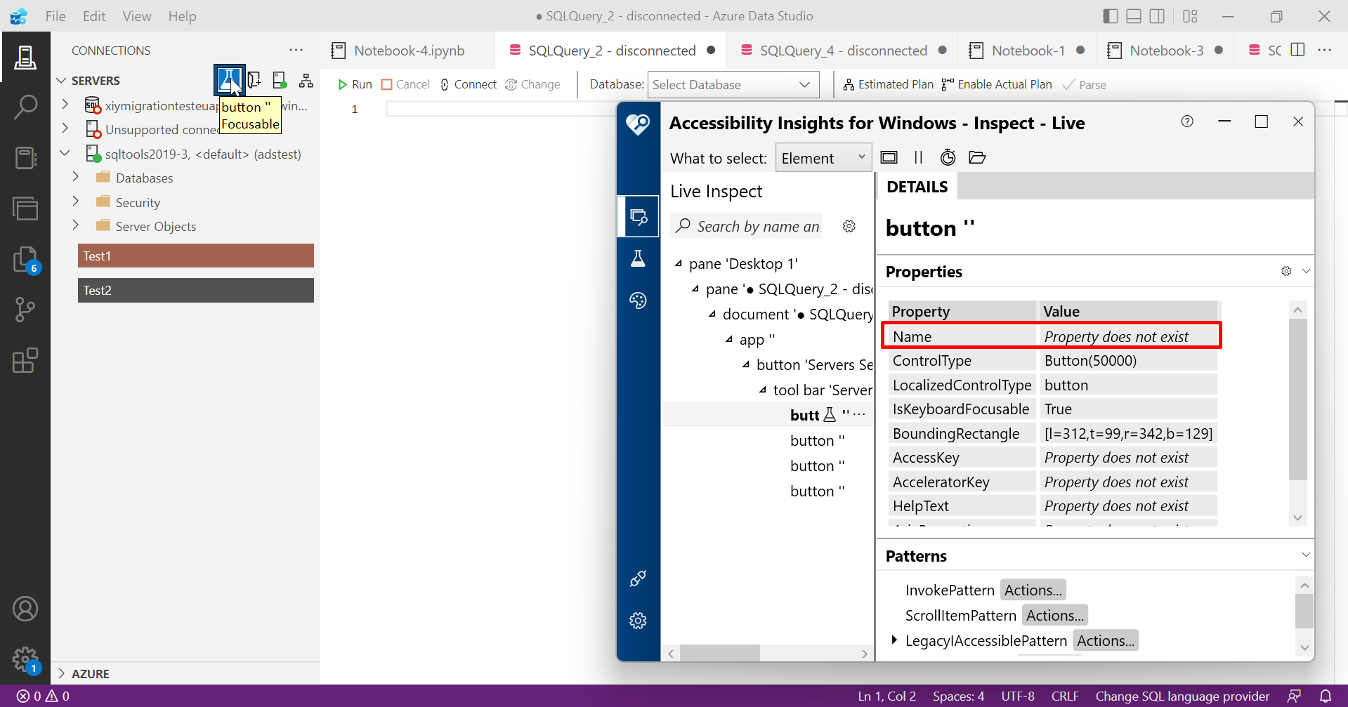 A11y_SQL Azure Data Studio_Connect to a SQL Server_AI4D: Name is not defined for "New Connection ...
