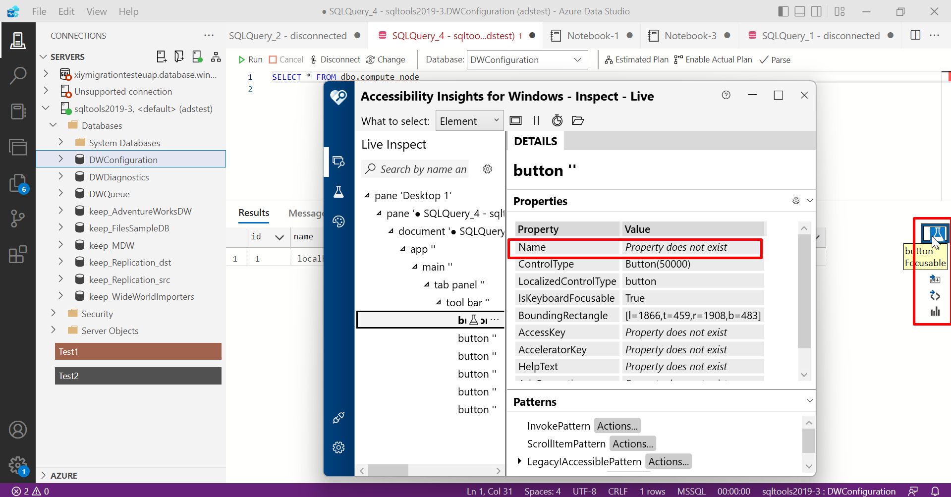 A11y_SQL Azure Data Studio_Connect to a SQL Server_AI4D: Name is not defined for "New Connection ...