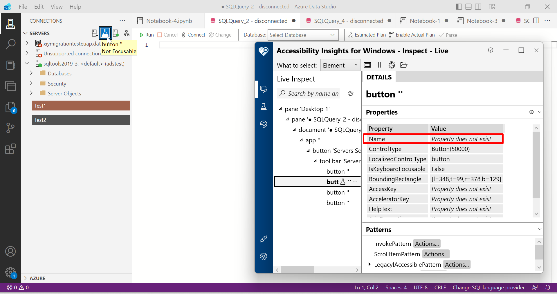 A11y_SQL Azure Data Studio_Connect to a SQL Server_AI4D: Name is not defined for "New Connection ...