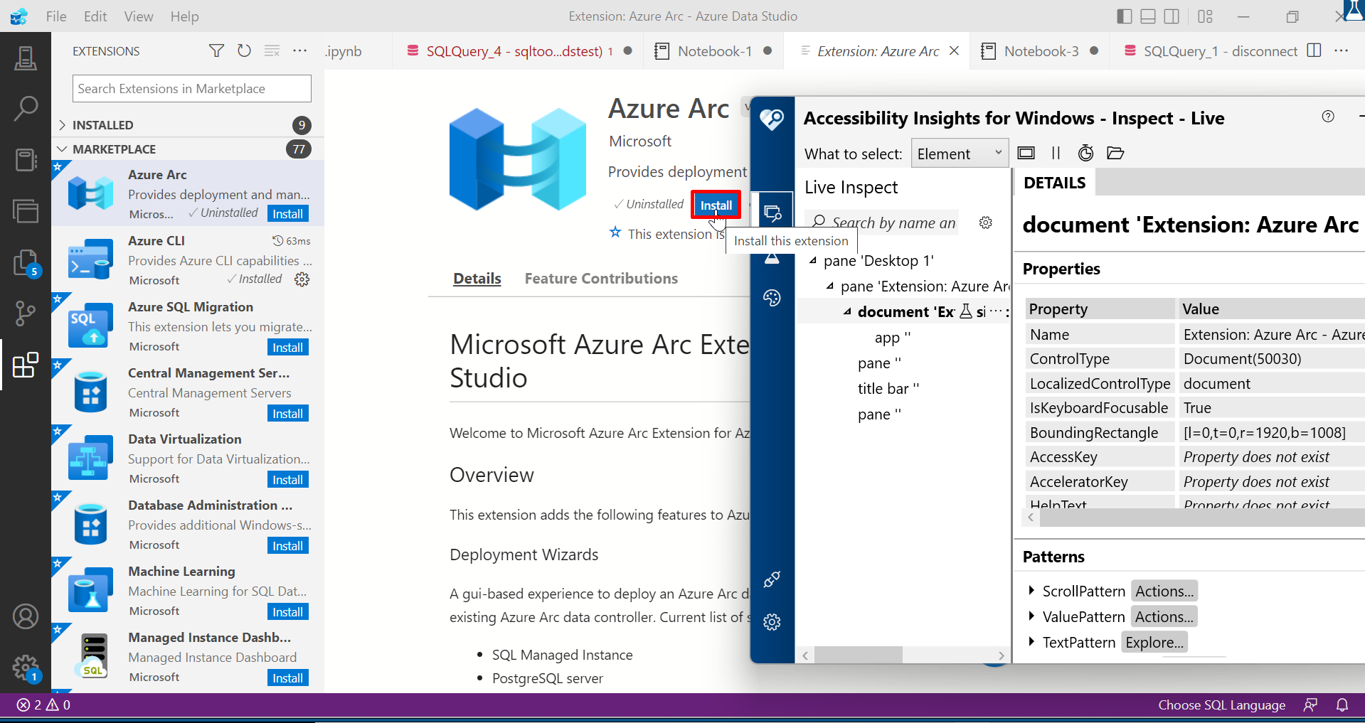 A11y_SQL Azure Data Studio_Extensions - install_Screen reader: After invoking "Install" button ...