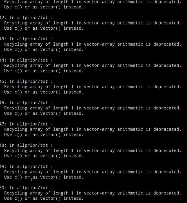 Recycling array of length 1 in vector-array arithmetic is deprecated. Use c() or as.vector ...