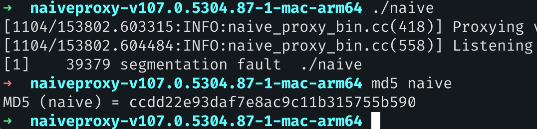 v107.0.5304.87-1 segfault on Mac arm64 · Issue #380 · klzgrad/naiveproxy · GitHub