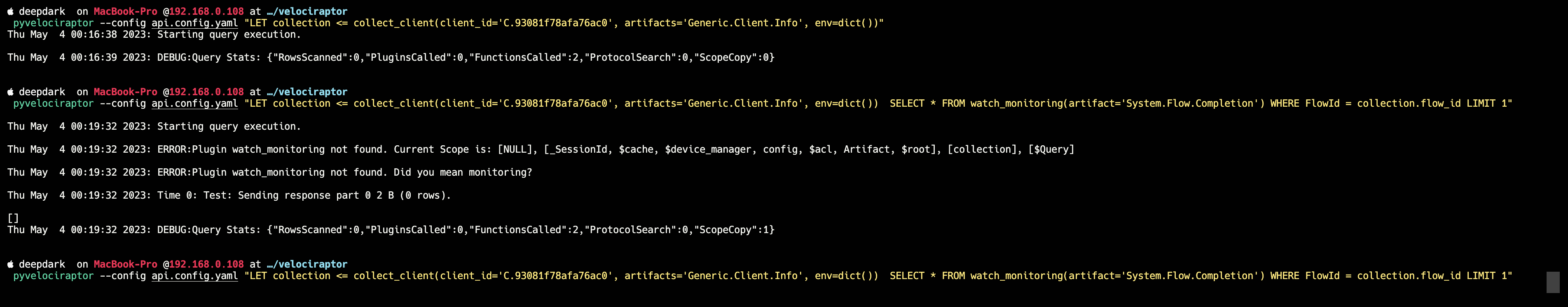 ERROR:Plugin watch_monitoring not found. Did you mean monitoring? · Issue #2661 · Velocidex ...