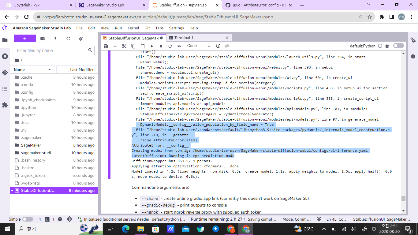 [Bug]: "AttributeError: __config__" in "sagemaker studio lab" · Issue #12680 · AUTOMATIC1111 ...