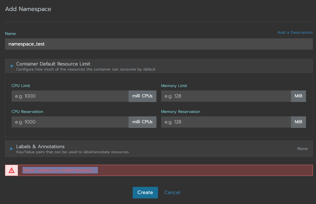 "Deploy Workload" should print an error when creating namespace containing an underscore · Issue ...