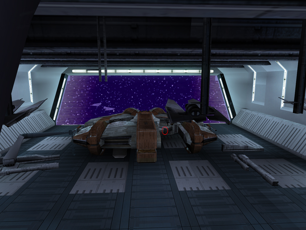 The Ebon Hawk model in the Leviathan hangar has no landing gear or ...